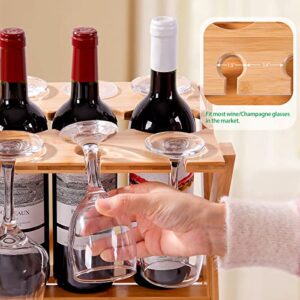 Ollieroo Countertop Wine Rack with Glass Holder, Freestanding Tabletop Small Wine Rack with Cork Tray, Hold 5 Wine Bottles 10 Glasses, Bamboo Wobble-Free Bottle Holder for Kitchen Bar Counter Cabinets