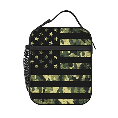 PrelerDIY Camouflage American Flag Lunch Box - Camo Insulated Lunch Bags for Women/Men/Girls/Boys Detachable Handle Lunchbox Meal Tote Bag