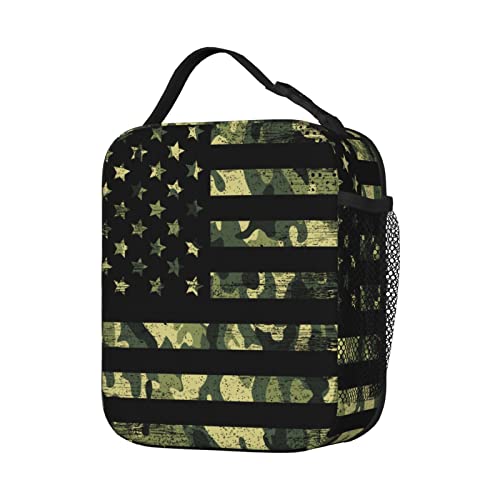 PrelerDIY Camouflage American Flag Lunch Box - Camo Insulated Lunch Bags for Women/Men/Girls/Boys Detachable Handle Lunchbox Meal Tote Bag