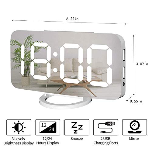 Miowachi Digital Alarm Clock,Large Mirrored LED Clock,Snooze,Dim Night Light 2 USB Charger Ports Desk Alarm Clocks for Bedroom Decor (White)