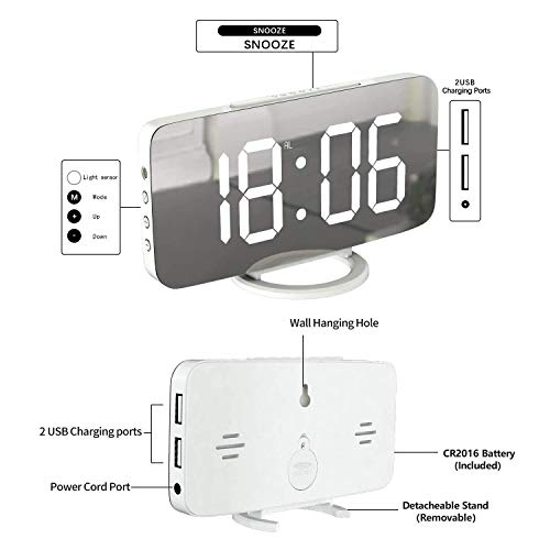 Miowachi Digital Alarm Clock,Large Mirrored LED Clock,Snooze,Dim Night Light 2 USB Charger Ports Desk Alarm Clocks for Bedroom Decor (White)