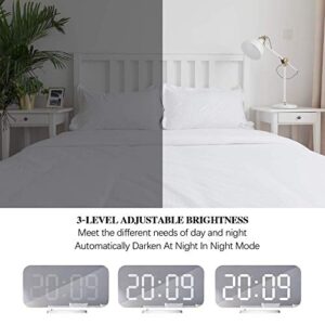 Miowachi Digital Alarm Clock,Large Mirrored LED Clock,Snooze,Dim Night Light 2 USB Charger Ports Desk Alarm Clocks for Bedroom Decor (White)