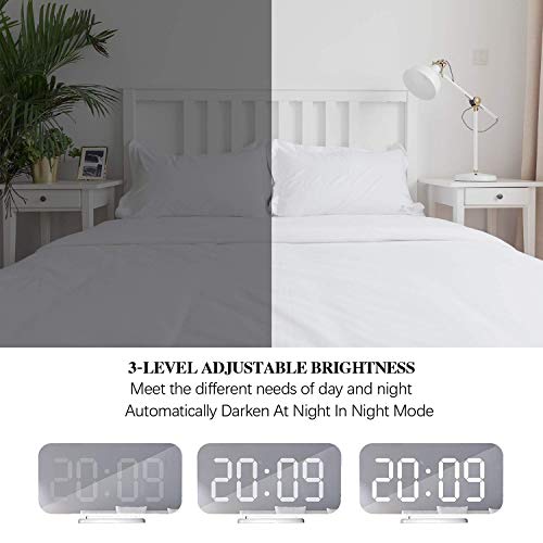 Miowachi Digital Alarm Clock,Large Mirrored LED Clock,Snooze,Dim Night Light 2 USB Charger Ports Desk Alarm Clocks for Bedroom Decor (White)