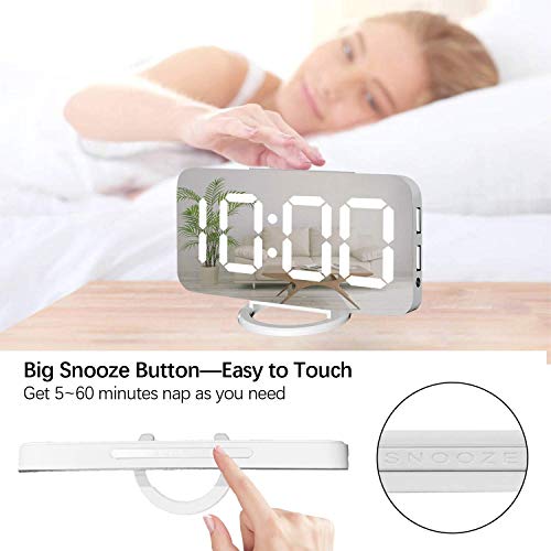 Miowachi Digital Alarm Clock,Large Mirrored LED Clock,Snooze,Dim Night Light 2 USB Charger Ports Desk Alarm Clocks for Bedroom Decor (White)