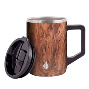 elemental summit coffee mug with lid & handle, insulated camp mug, triple wall stainless steel mug with copper lining, hot and cold coffee tumbler up to 6 hours hot and 18 hour cold, 16oz – teakwood