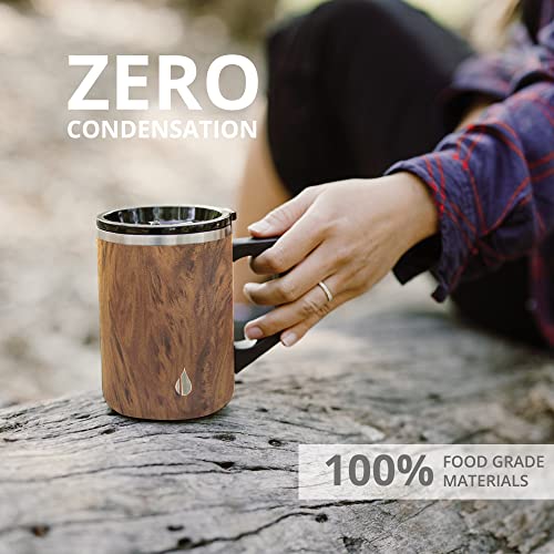 Elemental Summit Coffee Mug with Lid & Handle, Insulated Camp Mug, Triple Wall Stainless Steel Mug with Copper Lining, Hot and Cold Coffee Tumbler up to 6 Hours Hot and 18 Hour Cold, 16oz - Teakwood