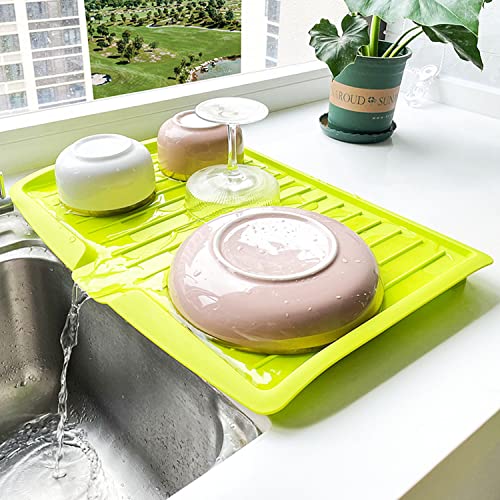 Halyuhn 18 x 13” Kitchen Drain Board with 4 Raised Size, Large Plastic Draining Tray with Side Drop Slope Diversion, Light Green Side Dish Drying Tray, Dish Drainer Drip Rack Tray with Non-Slip Base