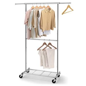 simple trending standard clothing garment rack, rolling clothes organizer with wheels and bottom shelves, extendable, chrome