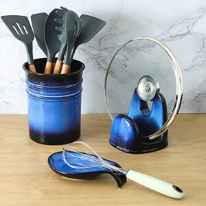 Nihow Pot Lid Holder: Stable Ceramic Pan Lid Holder for Kitchen Counter Decor/Countertop/Stove Top- Heat Resistant & Dishwasher Safe - Elegant Black & Blue (1PC)