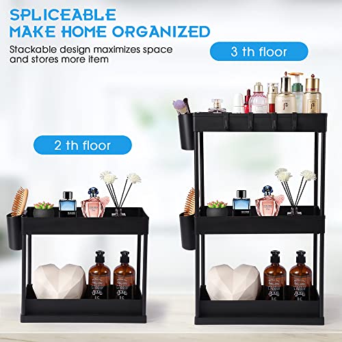 2 Pack Under Sink Organizers and Storage,Multi-purpose Storage Rack For Kitchen Bathroom Under Sink With 4 Hooks and A Hanging Cup, 2 Tier Under Sink Organizers with Sliding Bottom Basket,Black