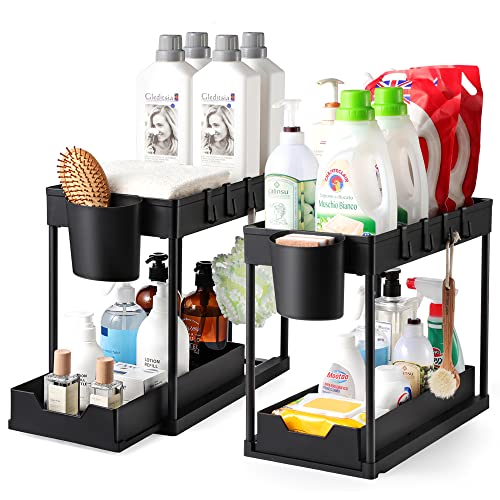 2 Pack Under Sink Organizers and Storage,Multi-purpose Storage Rack For Kitchen Bathroom Under Sink With 4 Hooks and A Hanging Cup, 2 Tier Under Sink Organizers with Sliding Bottom Basket,Black