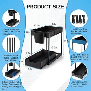 2 Pack Under Sink Organizers and Storage,Multi-purpose Storage Rack For Kitchen Bathroom Under Sink With 4 Hooks and A Hanging Cup, 2 Tier Under Sink Organizers with Sliding Bottom Basket,Black