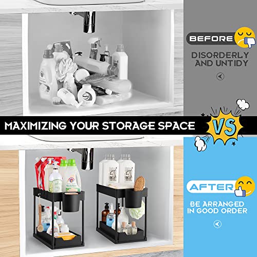 2 Pack Under Sink Organizers and Storage,Multi-purpose Storage Rack For Kitchen Bathroom Under Sink With 4 Hooks and A Hanging Cup, 2 Tier Under Sink Organizers with Sliding Bottom Basket,Black