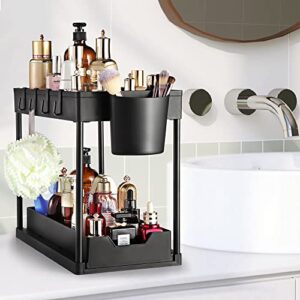 2 Pack Under Sink Organizers and Storage,Multi-purpose Storage Rack For Kitchen Bathroom Under Sink With 4 Hooks and A Hanging Cup, 2 Tier Under Sink Organizers with Sliding Bottom Basket,Black