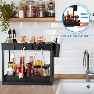 2 Pack Under Sink Organizers and Storage,Multi-purpose Storage Rack For Kitchen Bathroom Under Sink With 4 Hooks and A Hanging Cup, 2 Tier Under Sink Organizers with Sliding Bottom Basket,Black