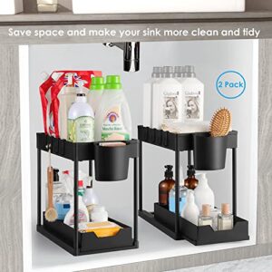 2 Pack Under Sink Organizers and Storage,Multi-purpose Storage Rack For Kitchen Bathroom Under Sink With 4 Hooks and A Hanging Cup, 2 Tier Under Sink Organizers with Sliding Bottom Basket,Black