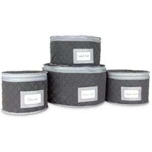 fine china storage – set of 4 quilted cases for dinnerware storage. sizes: 12″ – 10″ – 8.5″ and 7″ long – gray – quilted fabric container with 48 felt plate separators included