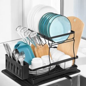 Epsy Large Kitchen 2 Tier Dish Drying Rack and Drainboard Set - Kitchen Sink Organizer and Dish Drainers for Kitchen Counter - Stainless Steel Drying Dish Rack - Black Dish Drainer with Utensil Holder