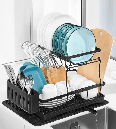 Epsy Large Kitchen 2 Tier Dish Drying Rack and Drainboard Set - Kitchen Sink Organizer and Dish Drainers for Kitchen Counter - Stainless Steel Drying Dish Rack - Black Dish Drainer with Utensil Holder