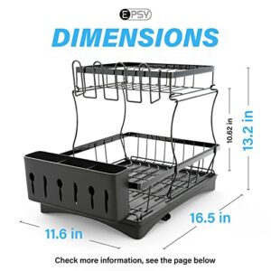 Epsy Large Kitchen 2 Tier Dish Drying Rack and Drainboard Set - Kitchen Sink Organizer and Dish Drainers for Kitchen Counter - Stainless Steel Drying Dish Rack - Black Dish Drainer with Utensil Holder