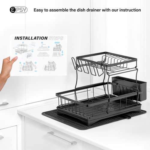 Epsy Large Kitchen 2 Tier Dish Drying Rack and Drainboard Set - Kitchen Sink Organizer and Dish Drainers for Kitchen Counter - Stainless Steel Drying Dish Rack - Black Dish Drainer with Utensil Holder