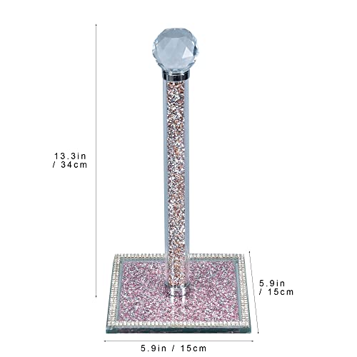 Hochance Pink Crystal Standing Paper Towel Roll Holder Countertop Weighted Rack,Glam Cute Bling Rhinestone Jeweled Diamonds Modern Decoration Christmas Housewarming Gifts for Kitchen Home Bar