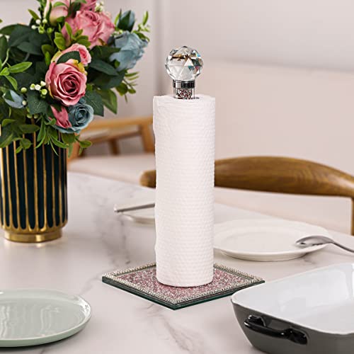 Hochance Pink Crystal Standing Paper Towel Roll Holder Countertop Weighted Rack,Glam Cute Bling Rhinestone Jeweled Diamonds Modern Decoration Christmas Housewarming Gifts for Kitchen Home Bar