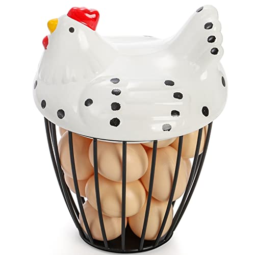 Yopay Egg Basket, Metal Wire Chicken Egg Holder, Countertop Egg Collecting Basket with Ceramic Lid for Gathering Fresh Eggs, Farmhouse Rustic Round Wire Egg Container for Kitchen Supplies, Pantry