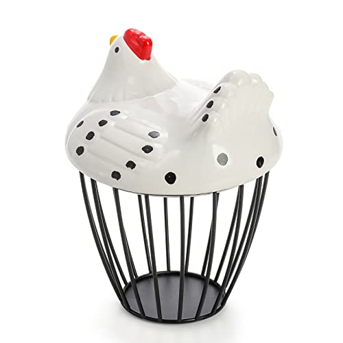 Yopay Egg Basket, Metal Wire Chicken Egg Holder, Countertop Egg Collecting Basket with Ceramic Lid for Gathering Fresh Eggs, Farmhouse Rustic Round Wire Egg Container for Kitchen Supplies, Pantry