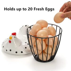 Yopay Egg Basket, Metal Wire Chicken Egg Holder, Countertop Egg Collecting Basket with Ceramic Lid for Gathering Fresh Eggs, Farmhouse Rustic Round Wire Egg Container for Kitchen Supplies, Pantry