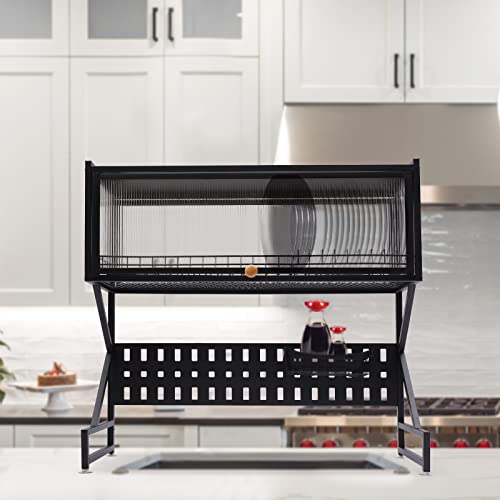 Dish Drying Rack Over The Sink Shelf 2 Tier Large Dish Rack Over Sink Metal Kitchen Storage Shelf Counter Organization (Black, 33.5x13.6x32.2 Inch)