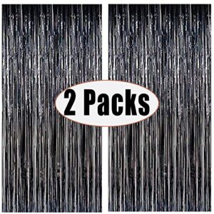 FECEDY 2pcs 3ft x 8.3ft Black Metallic Tinsel Foil Fringe Curtains Photo Booth Props for Birthday Wedding Engagement Bridal Shower Baby Shower Bachelorette Holiday Celebration Party Decorations