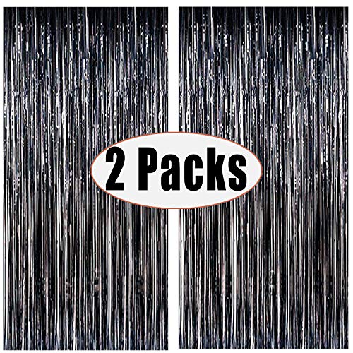 FECEDY 2pcs 3ft x 8.3ft Black Metallic Tinsel Foil Fringe Curtains Photo Booth Props for Birthday Wedding Engagement Bridal Shower Baby Shower Bachelorette Holiday Celebration Party Decorations