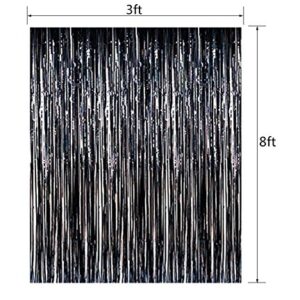 FECEDY 2pcs 3ft x 8.3ft Black Metallic Tinsel Foil Fringe Curtains Photo Booth Props for Birthday Wedding Engagement Bridal Shower Baby Shower Bachelorette Holiday Celebration Party Decorations