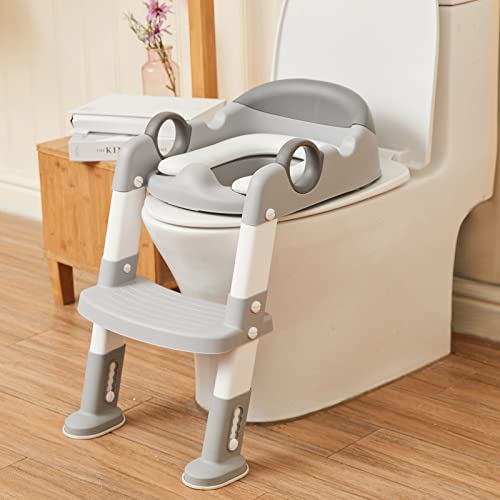 Potty Training Toilet Seat with Step Stool Ladder for Boys and Girls Baby Toddler Kid Children Toilet Training Seat Chair with Handles Padded Seat Non-Slip Wide Step(Gray)