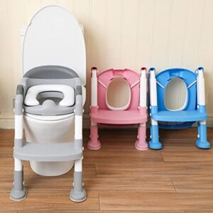 Potty Training Toilet Seat with Step Stool Ladder for Boys and Girls Baby Toddler Kid Children Toilet Training Seat Chair with Handles Padded Seat Non-Slip Wide Step(Gray)