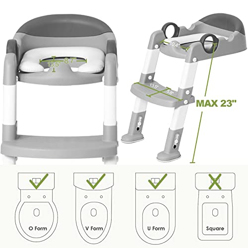 Potty Training Toilet Seat with Step Stool Ladder for Boys and Girls Baby Toddler Kid Children Toilet Training Seat Chair with Handles Padded Seat Non-Slip Wide Step(Gray)