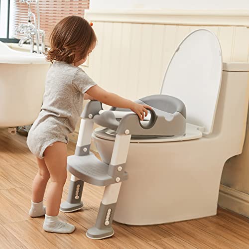 Potty Training Toilet Seat with Step Stool Ladder for Boys and Girls Baby Toddler Kid Children Toilet Training Seat Chair with Handles Padded Seat Non-Slip Wide Step(Gray)