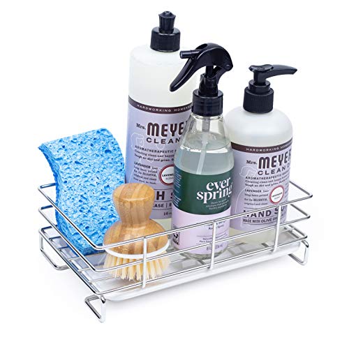 HandyHomeConcepts Kitchen Sink Caddy Sponge Holder For Kitchen Sink Organizer Large Caddy Silver 9.5x6.1x3.5 inch with removable melamine drain tray (not incl. Soap, Brush, Sponge, Towel)