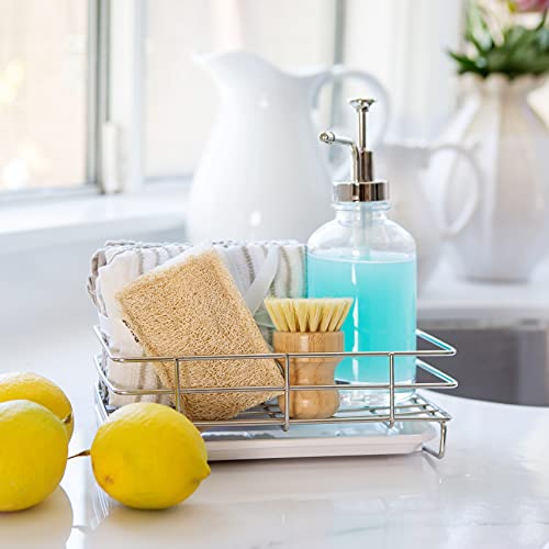 HandyHomeConcepts Kitchen Sink Caddy Sponge Holder For Kitchen Sink Organizer Large Caddy Silver 9.5x6.1x3.5 inch with removable melamine drain tray (not incl. Soap, Brush, Sponge, Towel)