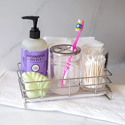 HandyHomeConcepts Kitchen Sink Caddy Sponge Holder For Kitchen Sink Organizer Large Caddy Silver 9.5x6.1x3.5 inch with removable melamine drain tray (not incl. Soap, Brush, Sponge, Towel)