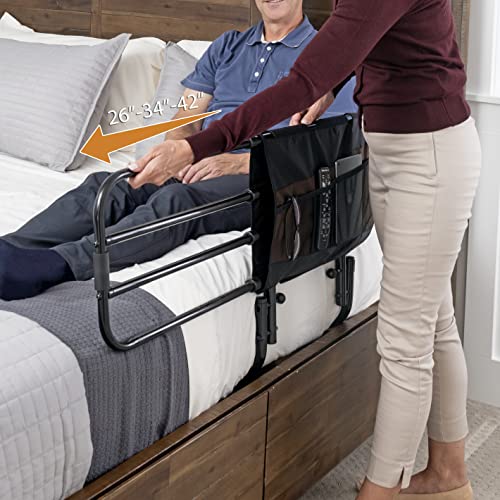 Stander EZ Adjust Bed Rail, Adjustable Senior Bed Rail and Bed Assist Grab Bar for Elderly Adults with Organizer Pouch