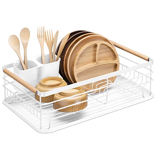 Navaris Dish Drainer Rack - Plate, Silverware, Pots and Pans Drying Rack for Kitchen with Beechwood Handles - Modern Retro Design Drip Tray - White