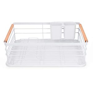 Navaris Dish Drainer Rack - Plate, Silverware, Pots and Pans Drying Rack for Kitchen with Beechwood Handles - Modern Retro Design Drip Tray - White