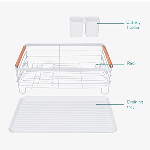 Navaris Dish Drainer Rack - Plate, Silverware, Pots and Pans Drying Rack for Kitchen with Beechwood Handles - Modern Retro Design Drip Tray - White