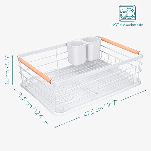 Navaris Dish Drainer Rack - Plate, Silverware, Pots and Pans Drying Rack for Kitchen with Beechwood Handles - Modern Retro Design Drip Tray - White