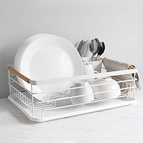 Navaris Dish Drainer Rack - Plate, Silverware, Pots and Pans Drying Rack for Kitchen with Beechwood Handles - Modern Retro Design Drip Tray - White