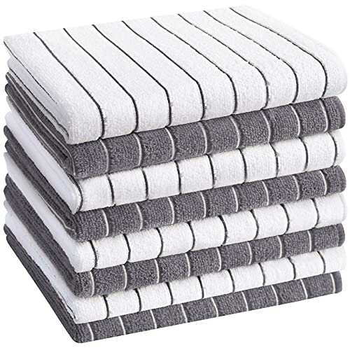 HYER KITCHEN Microfiber Kitchen Towels, Stripe Designed, Super Soft and Absorbent Dish Towels, Pack of 8, 18 x 26 Inch, Gray and White