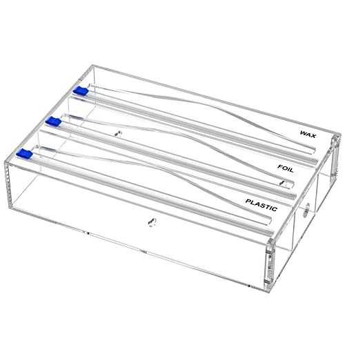 KDSKSC Tin Foil Organizer for Drawer with 12 Labels, Plastic Wrap Dispenser with Cutter, 3 in 1 Acrylic Aluminum Foil Holder, 2 Drawer Organizer for Kitchen Wrap Not Moldy | Visible | Fits 12" Roll