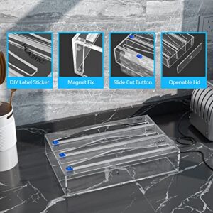 KDSKSC Tin Foil Organizer for Drawer with 12 Labels, Plastic Wrap Dispenser with Cutter, 3 in 1 Acrylic Aluminum Foil Holder, 2 Drawer Organizer for Kitchen Wrap Not Moldy | Visible | Fits 12" Roll